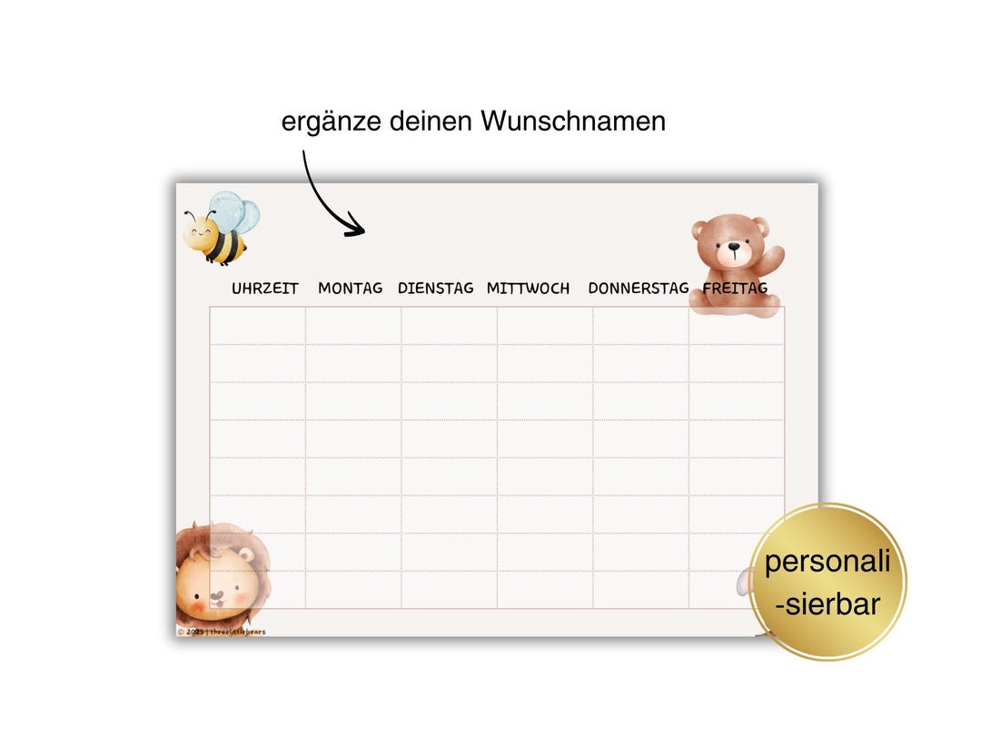 Timetable for Children, Timetable School, Personalized, DIN A4, Forest ...