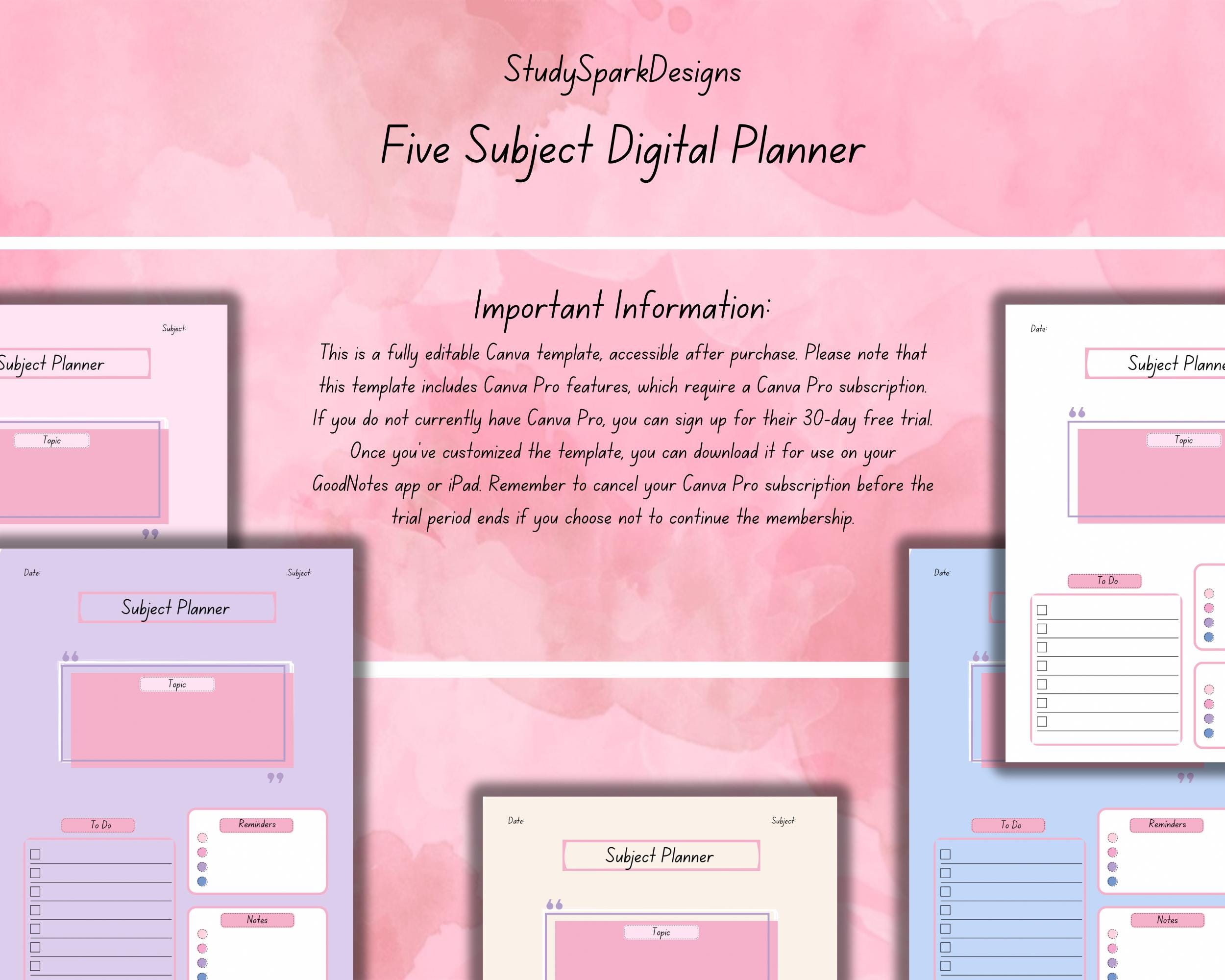 Five Subject Digital Planner - Etsy