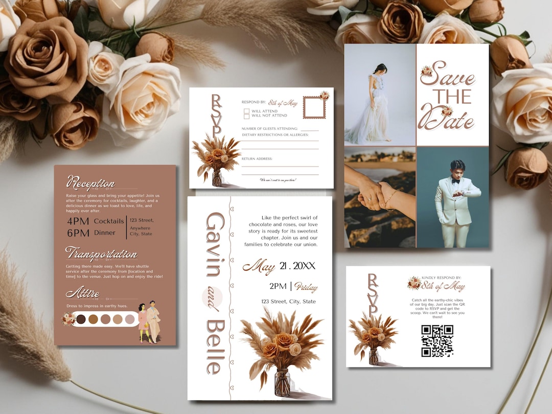 Mocha Mousse Wedding Invitation Set: Toffee Rose Photo Collage ...