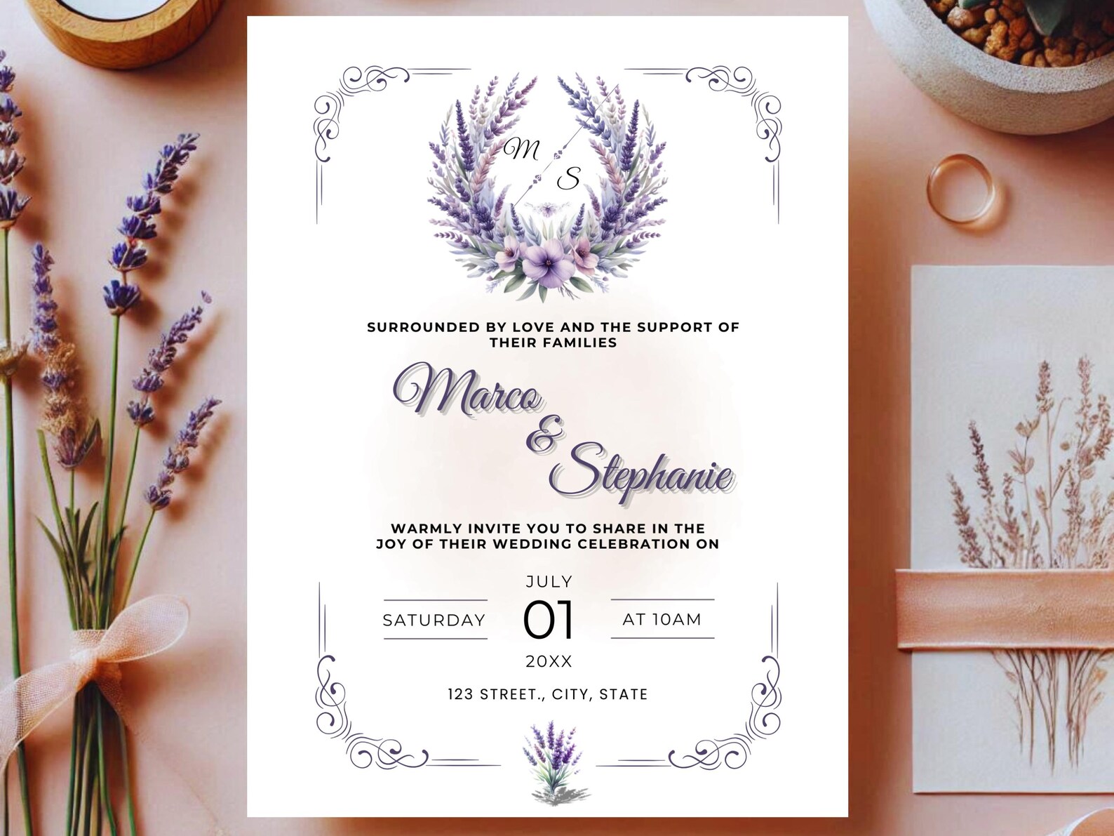 Lavender Wedding Invitation Set Template | Lavender Watercolor Crest ...