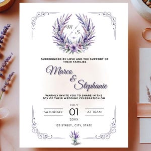 Lavender Wedding Invitation Set Template | Lavender Watercolor Crest ...