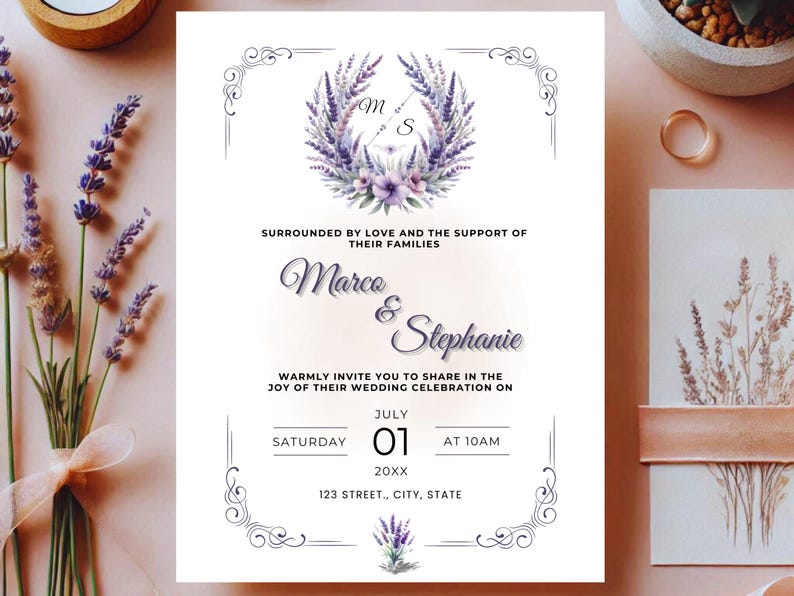 Lavender Wedding Invitation Set Template | Lavender Watercolor Crest ...