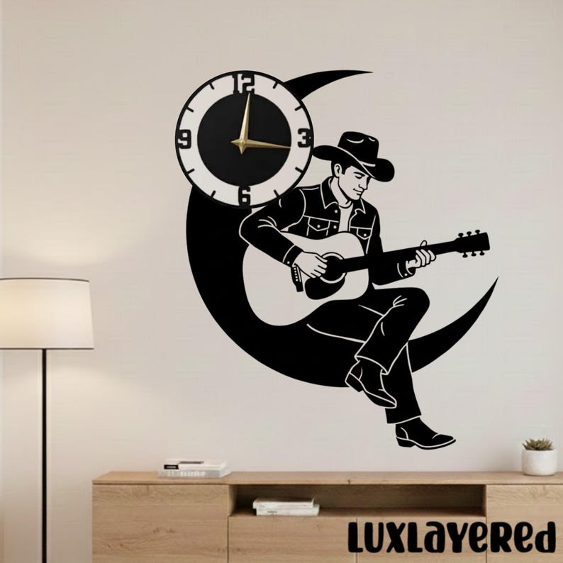 Cowboy Metal Wall Clock: Moon Wall Art, Western Music Decor, Guitar ...