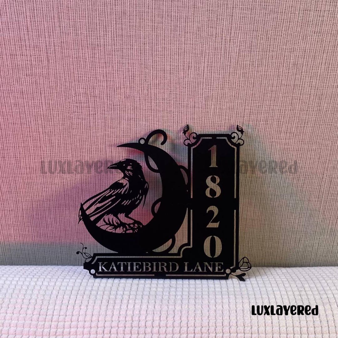 Custom Raven House Number Sign – Metal Address Plaque for Outdoor Wall ...