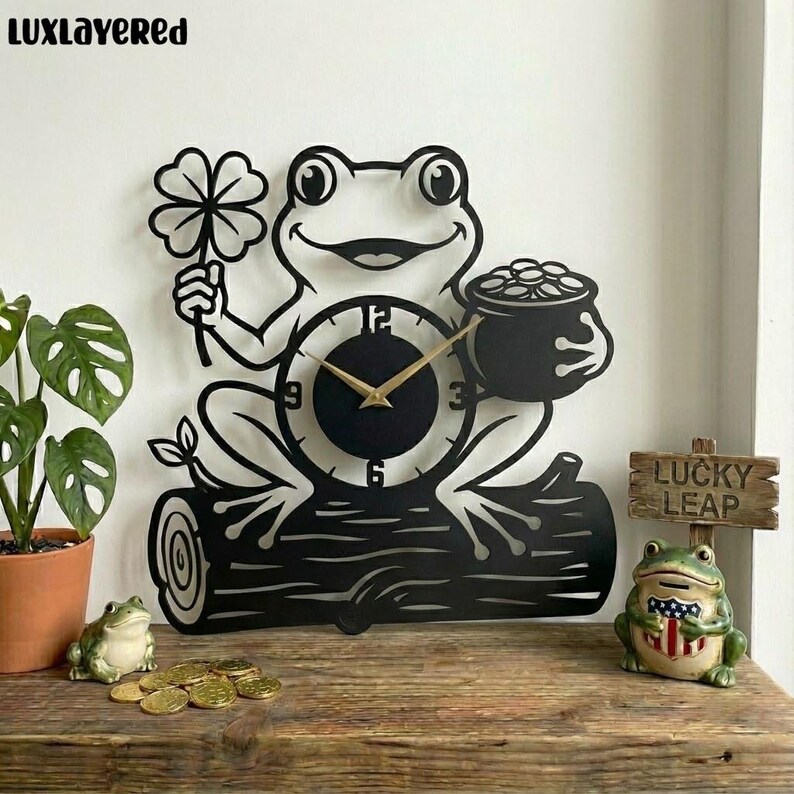 Lucky Frog Metal Wall Clock, Clover Wall Art, Personalized Patrick Day ...