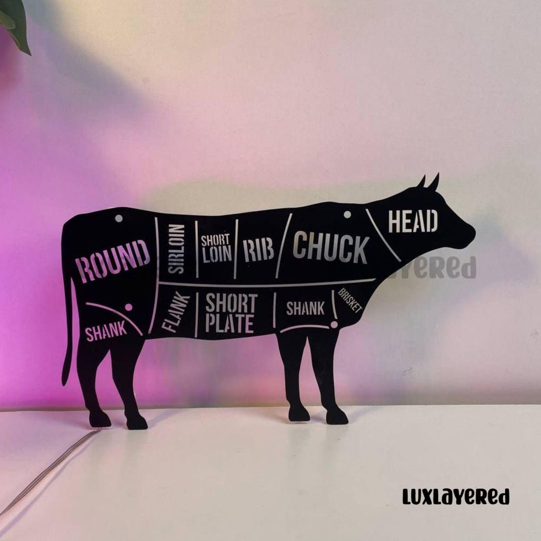Personalized Cow Cuts Metal Sign, Cow Meat Led Light, Cow Meat Butcher ...