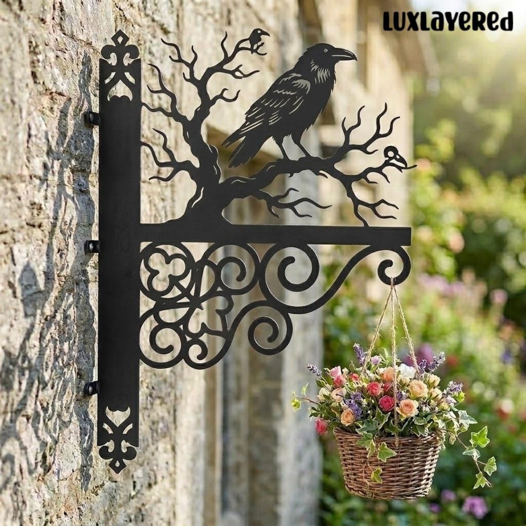 Raven Metal Hanging Bracket, Gothic Garden Wall Bracket, Spooky Bird ...