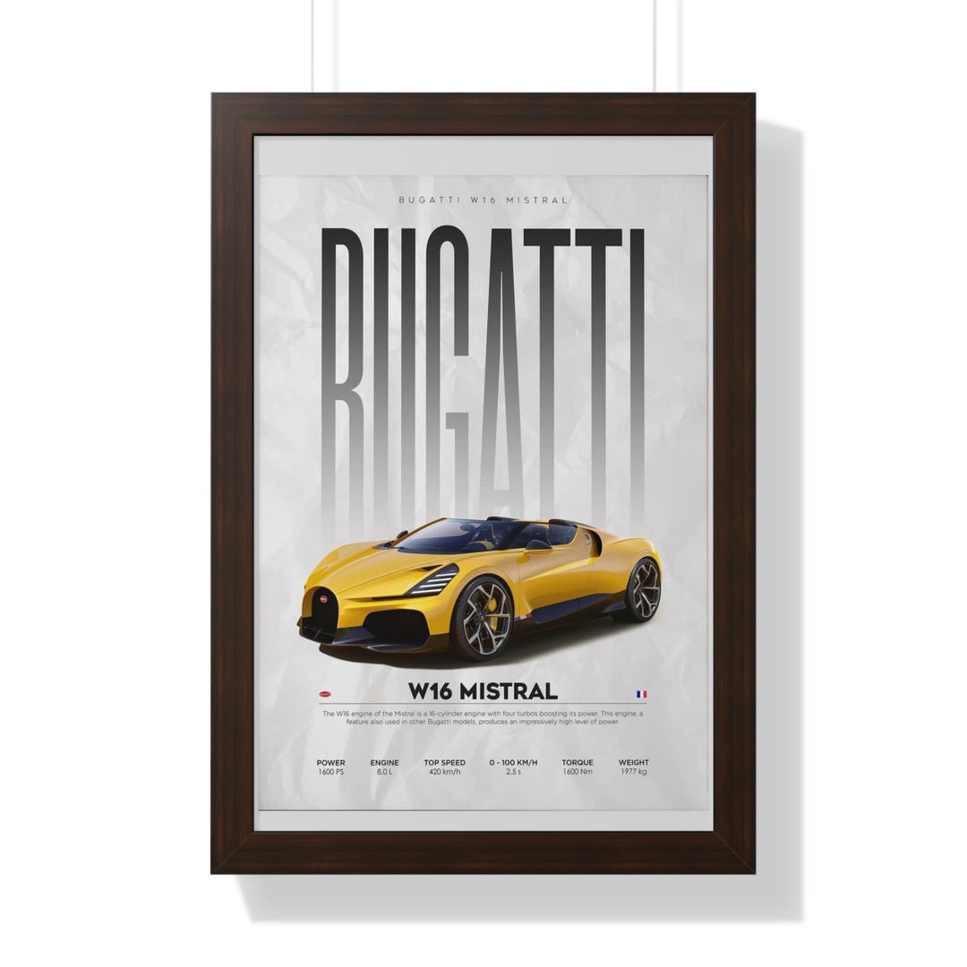 Bugatti W16 Mistral Framed Vertical Poster, Luxury Car Art Print, Wall ...