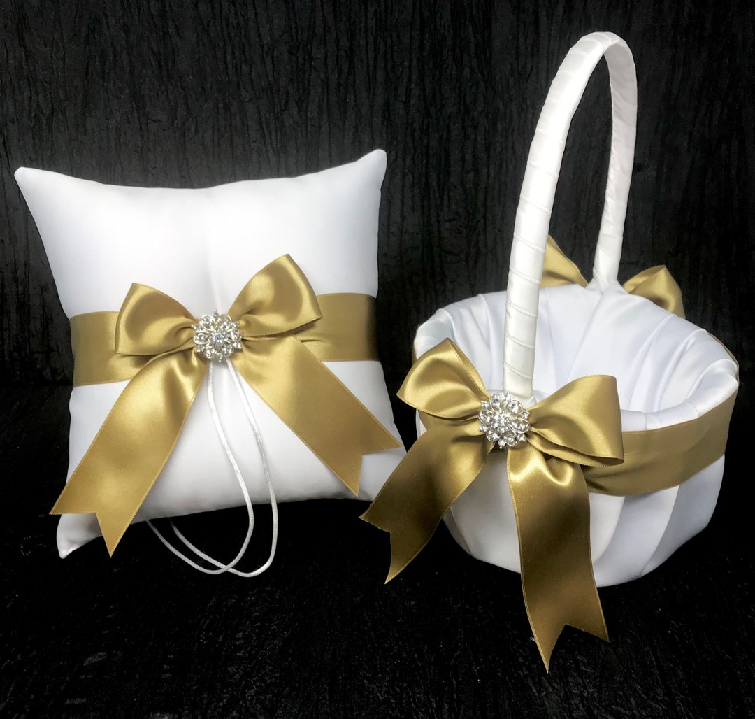 Gold Rhinestone Bow Ring Bearer Pillow And/or Flower Girl Basket ...