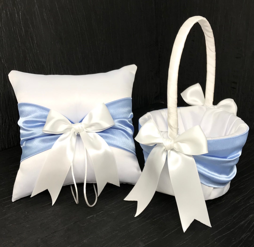 Light Blue Sash Ring Bearer Pillow And/or Flower Girl Basket • White ...