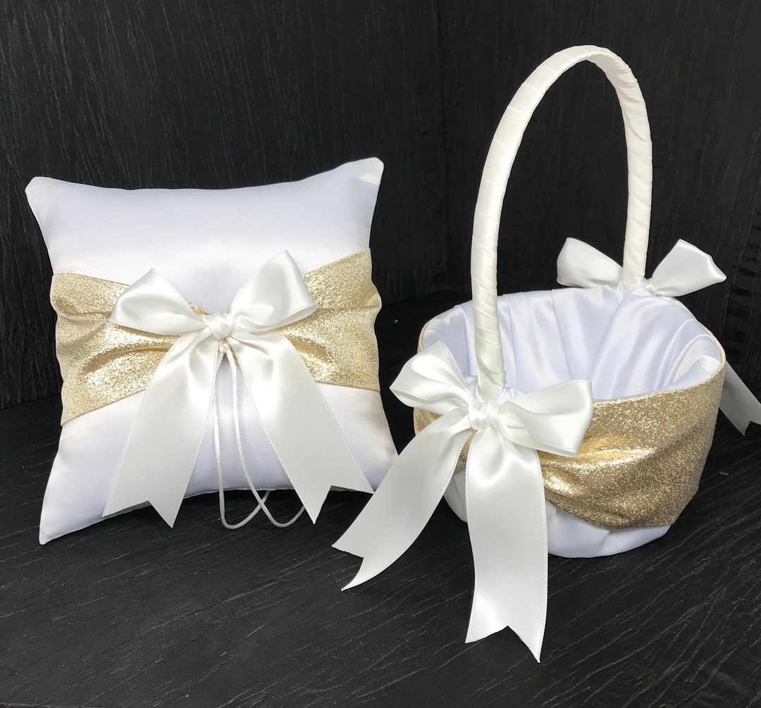Gold Sash Ring Bearer Pillow And/or Flower Girl Basket • White, off ...