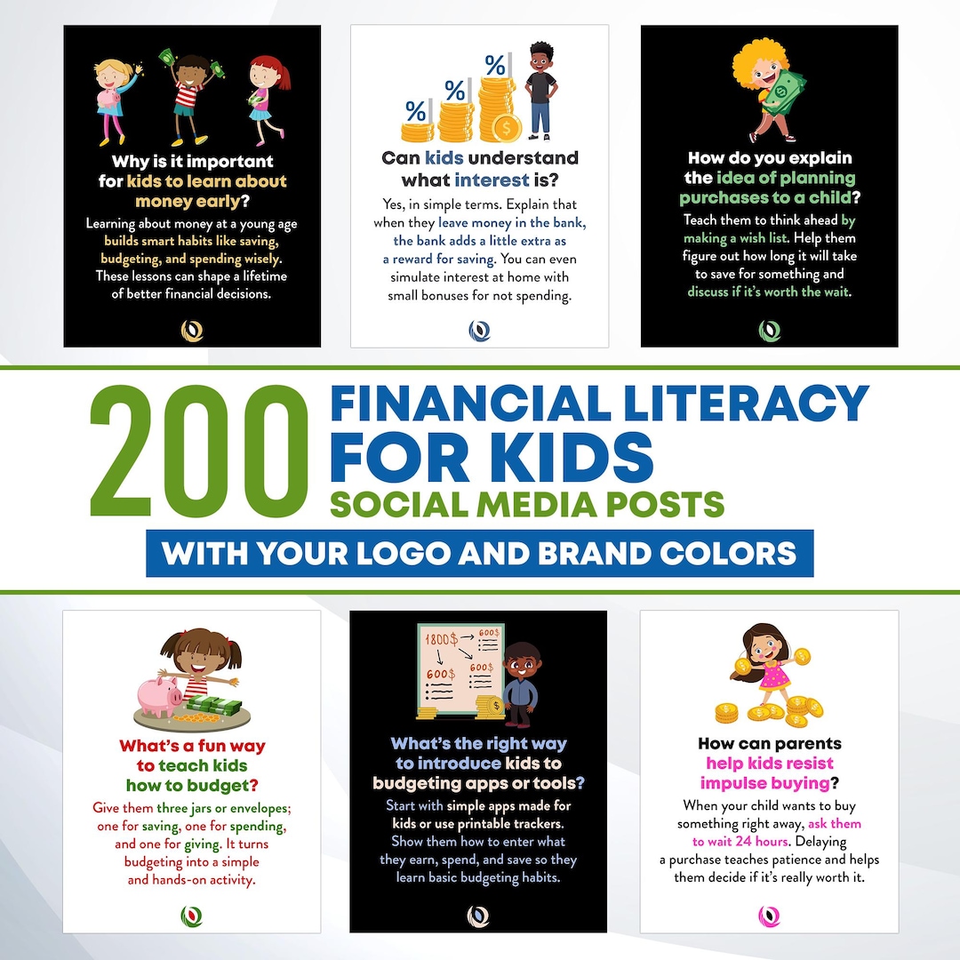 200 Financial Literacy for Kids Social Media Posts With Your Logo and ...