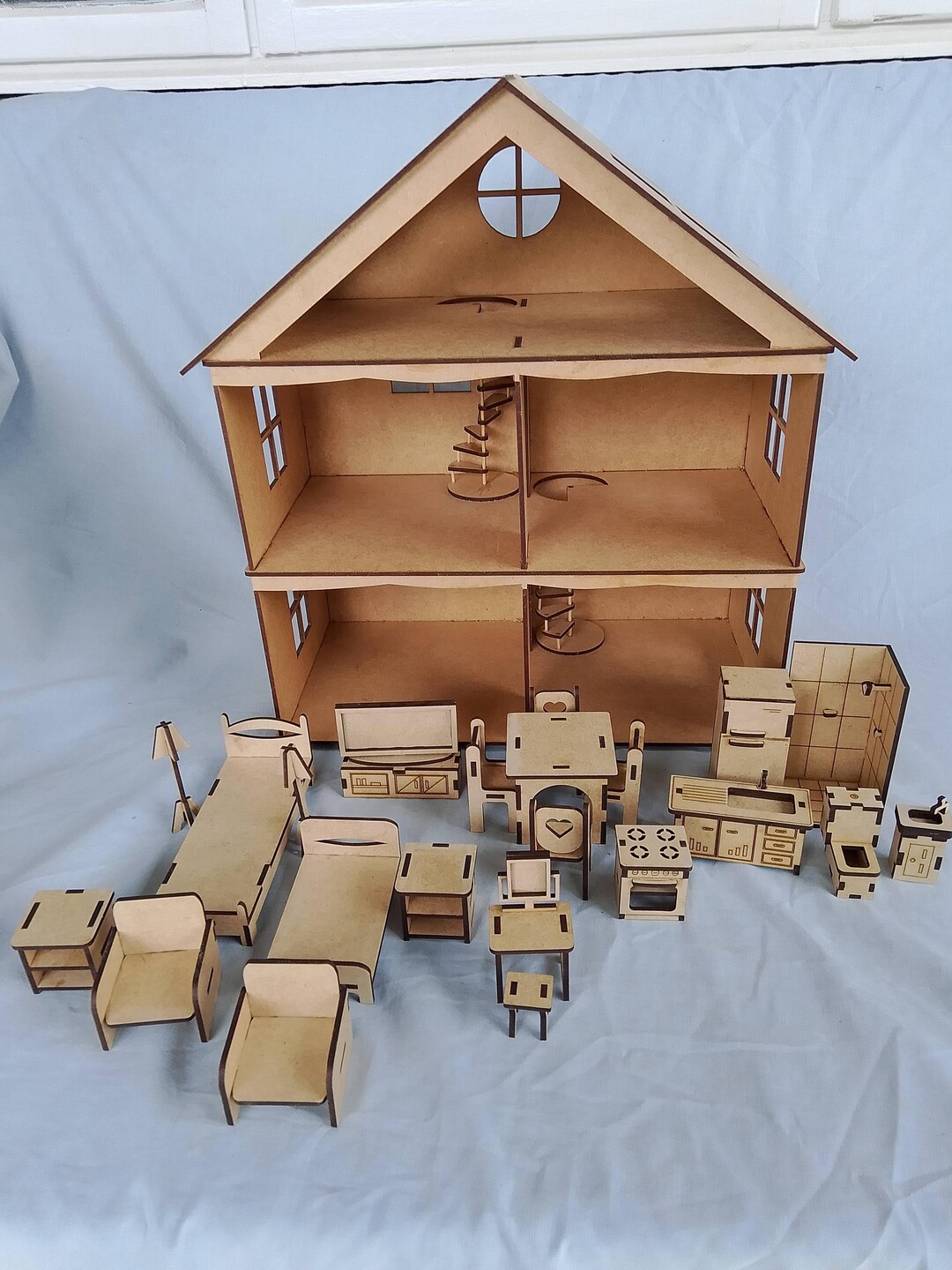 Double Storey Dollhouse With Loft and Furniture (svg, Pdf, Dxf, Ai, Cdr ...