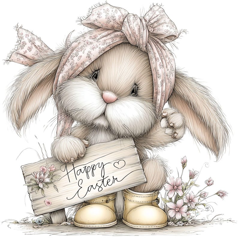 10 Whimsical Easter Bunny PNG Clipart, Happy Easter Bunny With Sign ...