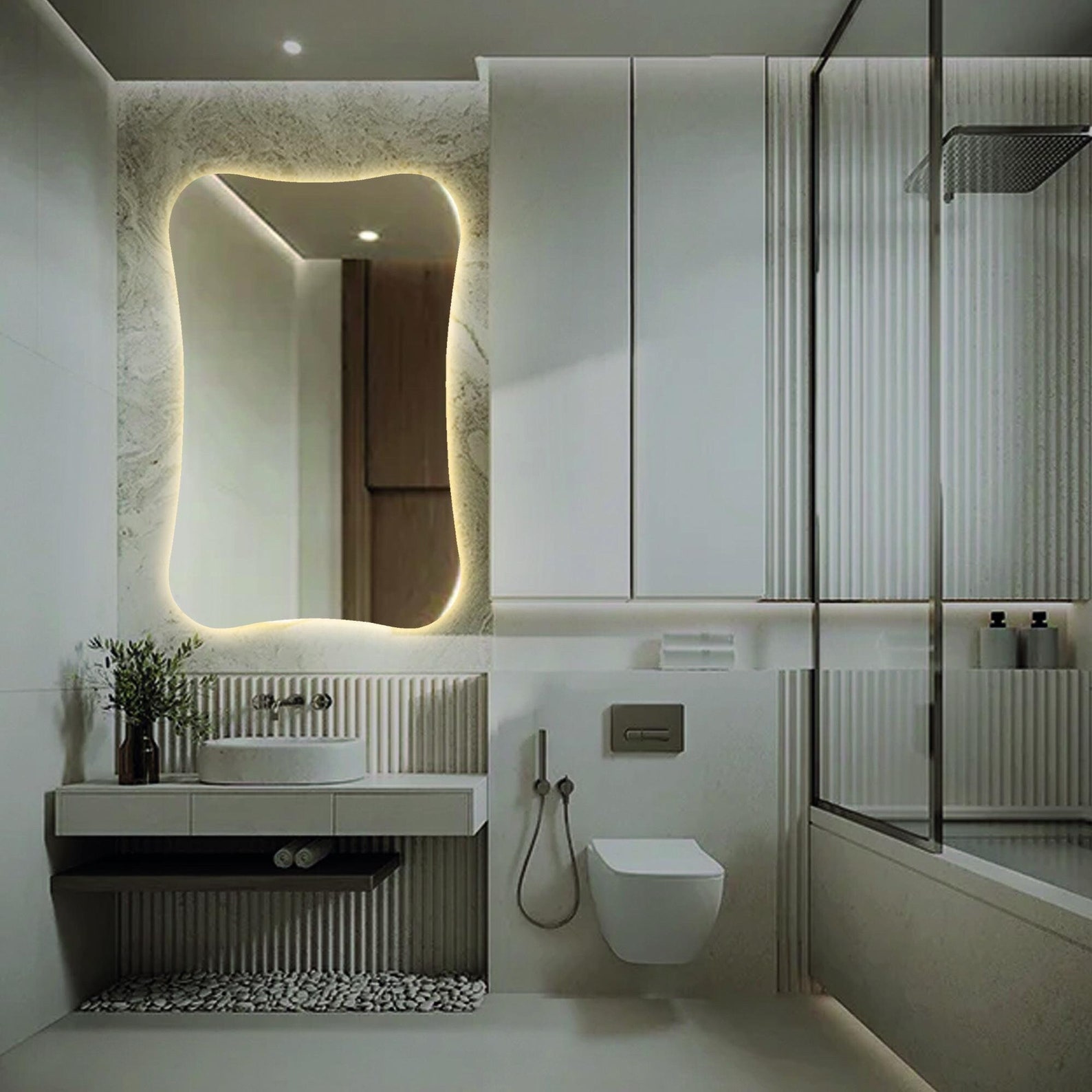 Rectangle Modern LED Backlit Wavy Mirror - Unique Frameless Wall Mirror ...