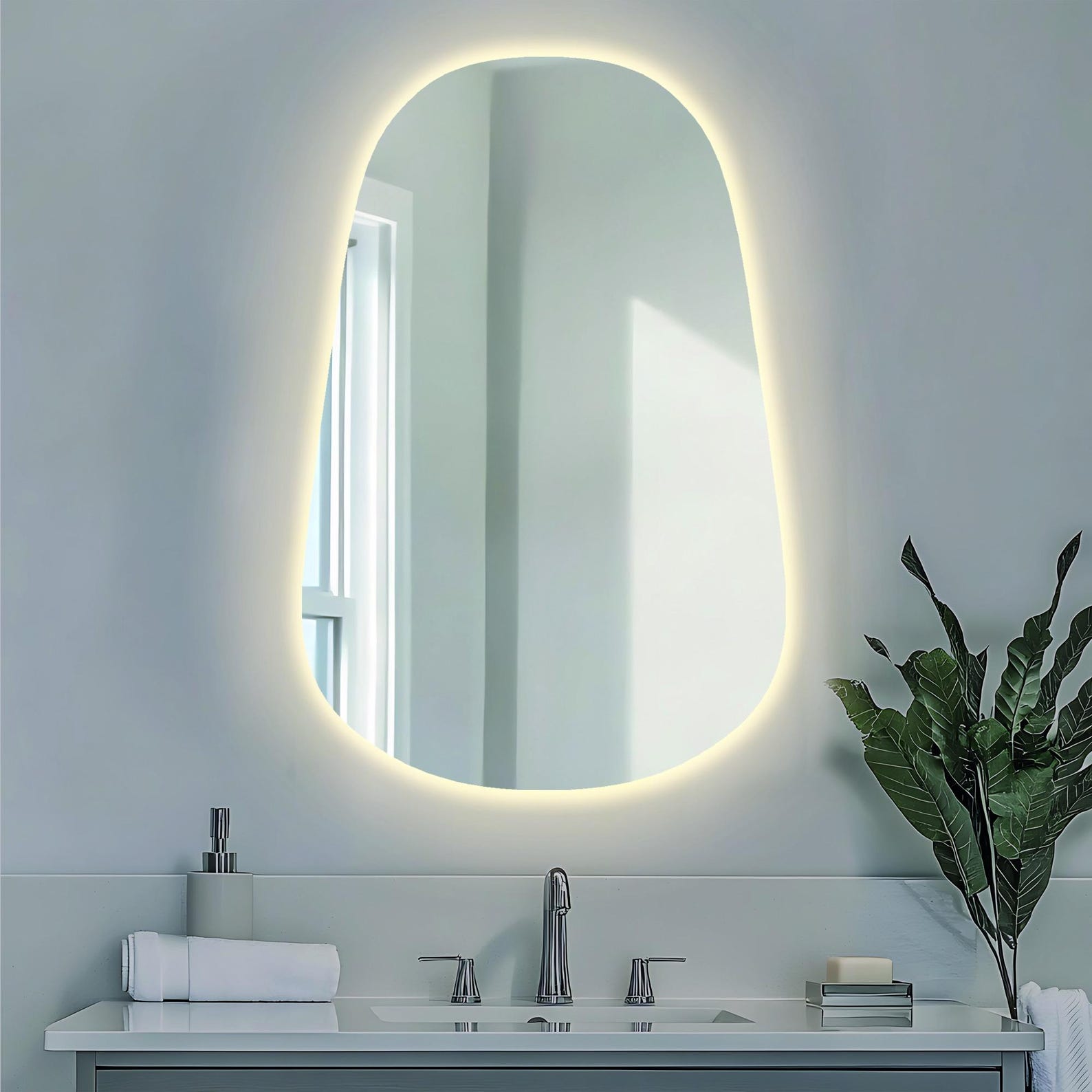 Oval Pill Shaped LED Wall Mirror Backlit Vanity Mirror Asymmetrical LED ...