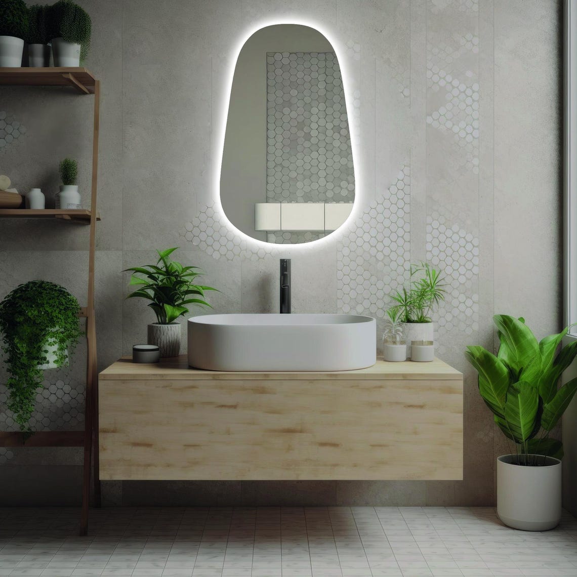 Oval Pill Shaped LED Wall Mirror Backlit Vanity Mirror Asymmetrical LED ...