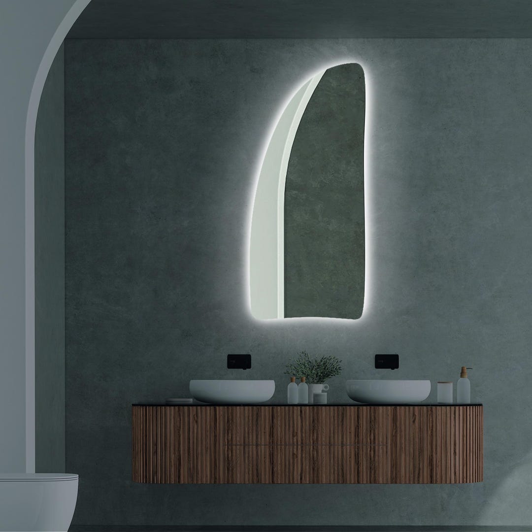 Modern Asymmetrical LED Wall Mirror – Unique Curved Lighted Vanity ...