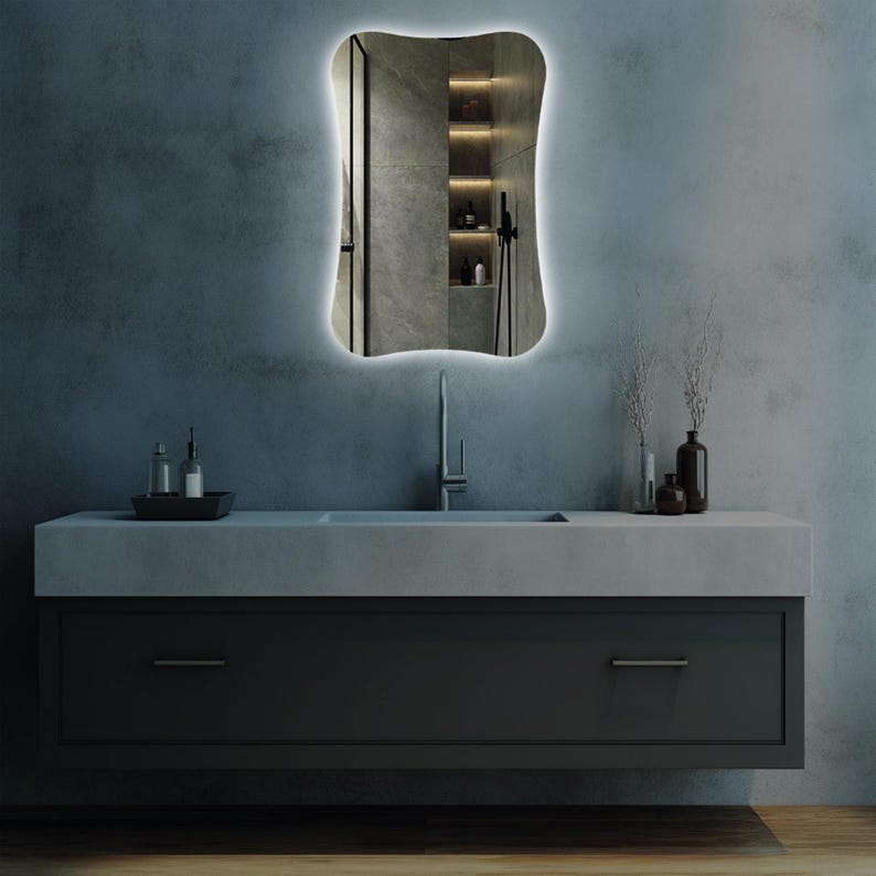 Rectangle Modern LED Backlit Wavy Mirror - Unique Frameless Wall Mirror ...