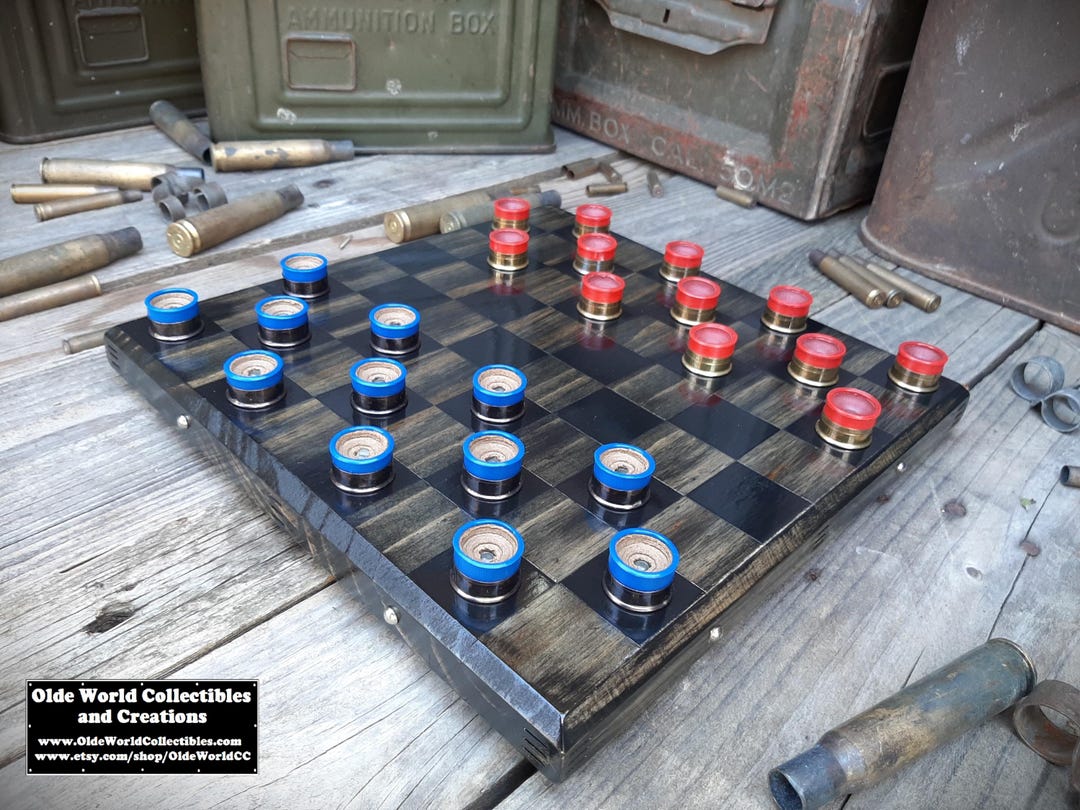 12 Gauge Shotgun Shell Checkers- Red Vs. Blue W/ Pine Wood Board ...