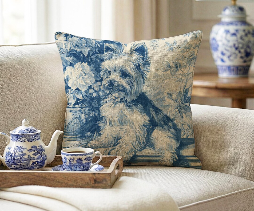 Toile De Jouy Yorkshire Terrier Pillow, French Country Decorative ...