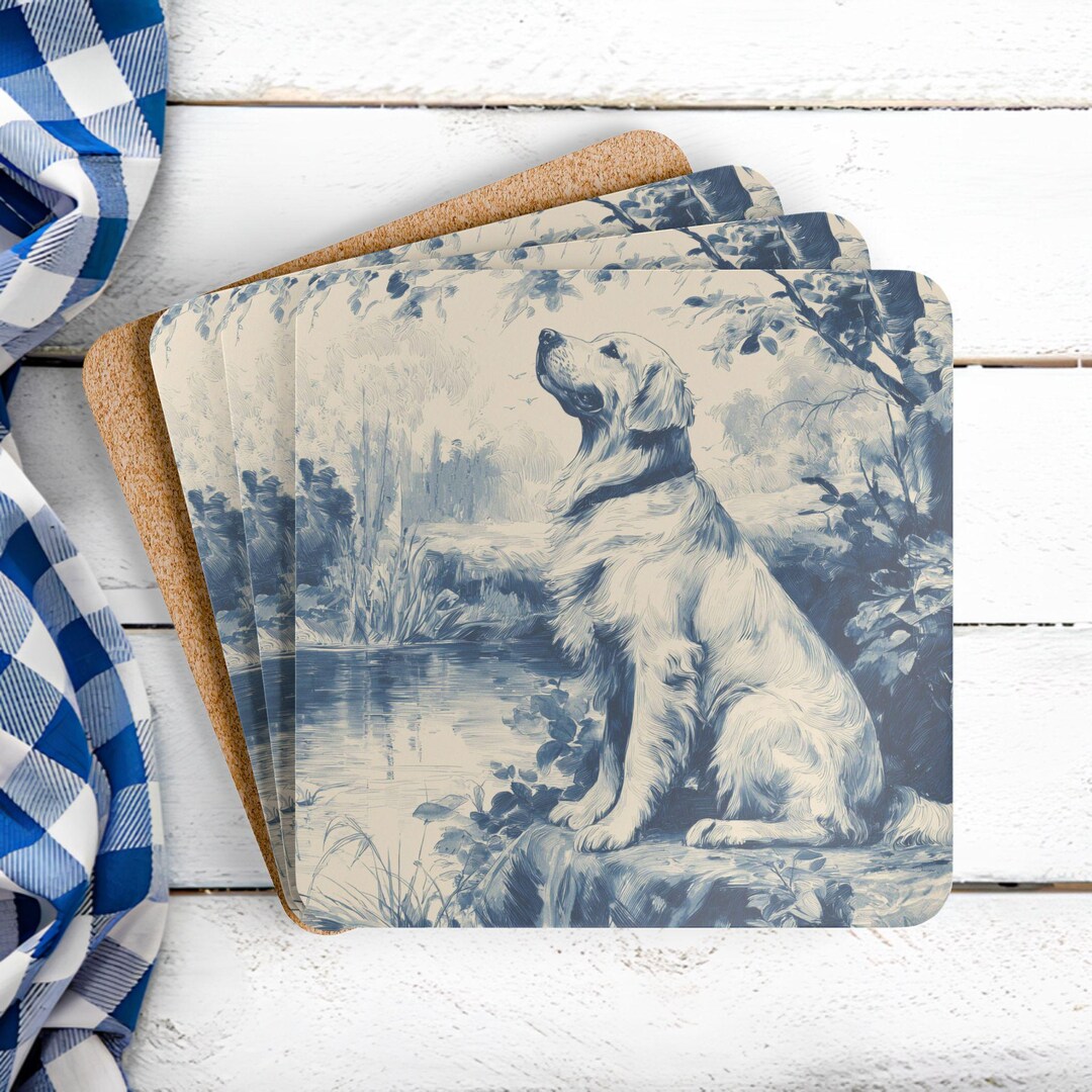 Custom Name Golden Retriever Set of 4 Coasters, French Blue Toile Dog ...