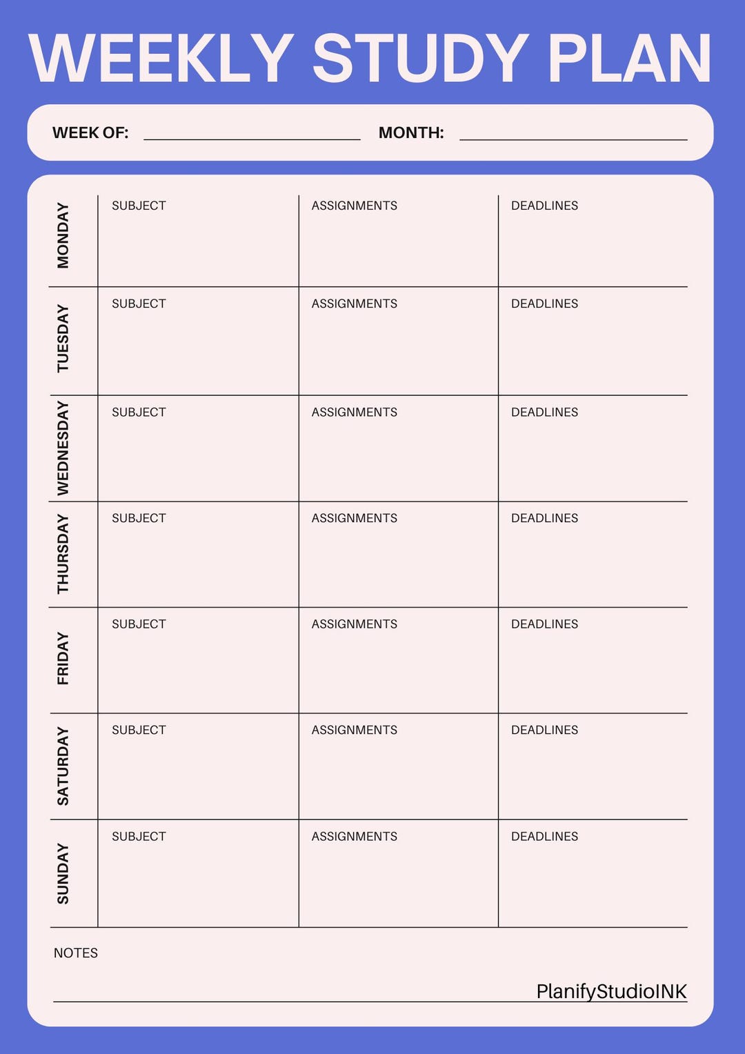 Weekly Study Planner - Printable Study Schedule - Student Homework ...