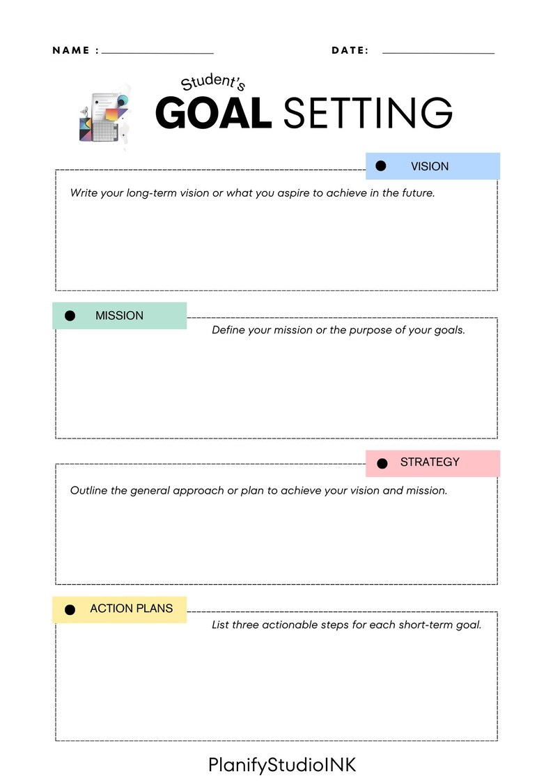 Student Goal Setting Planner - Printable Academic Goal Tracker - Study Vision & Mission Planner ...
