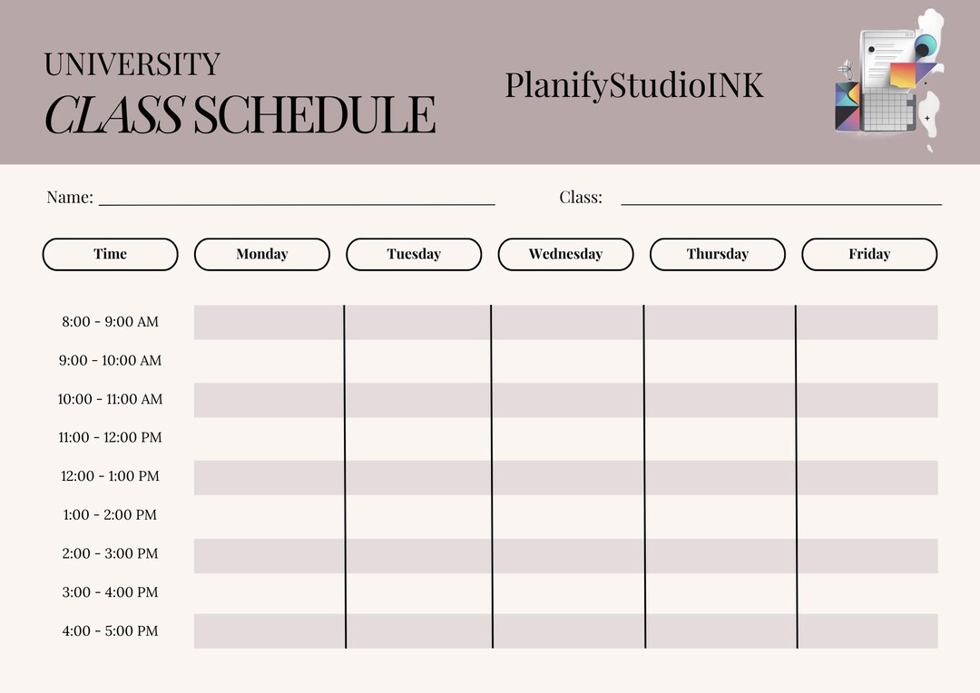 University Class Schedule - Printable College Planner - Weekly Class ...