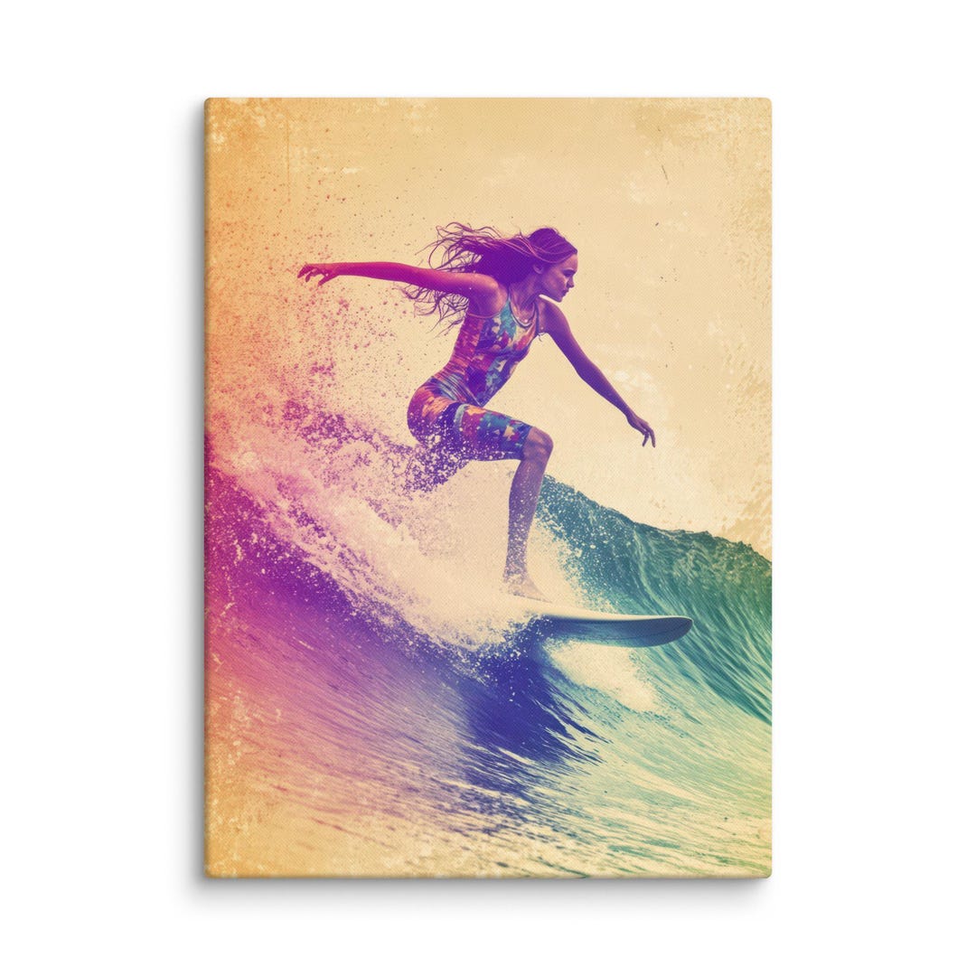 Sunset Surf Art - Retro Surfer Girl on Wave Vintage Canvas Print ...