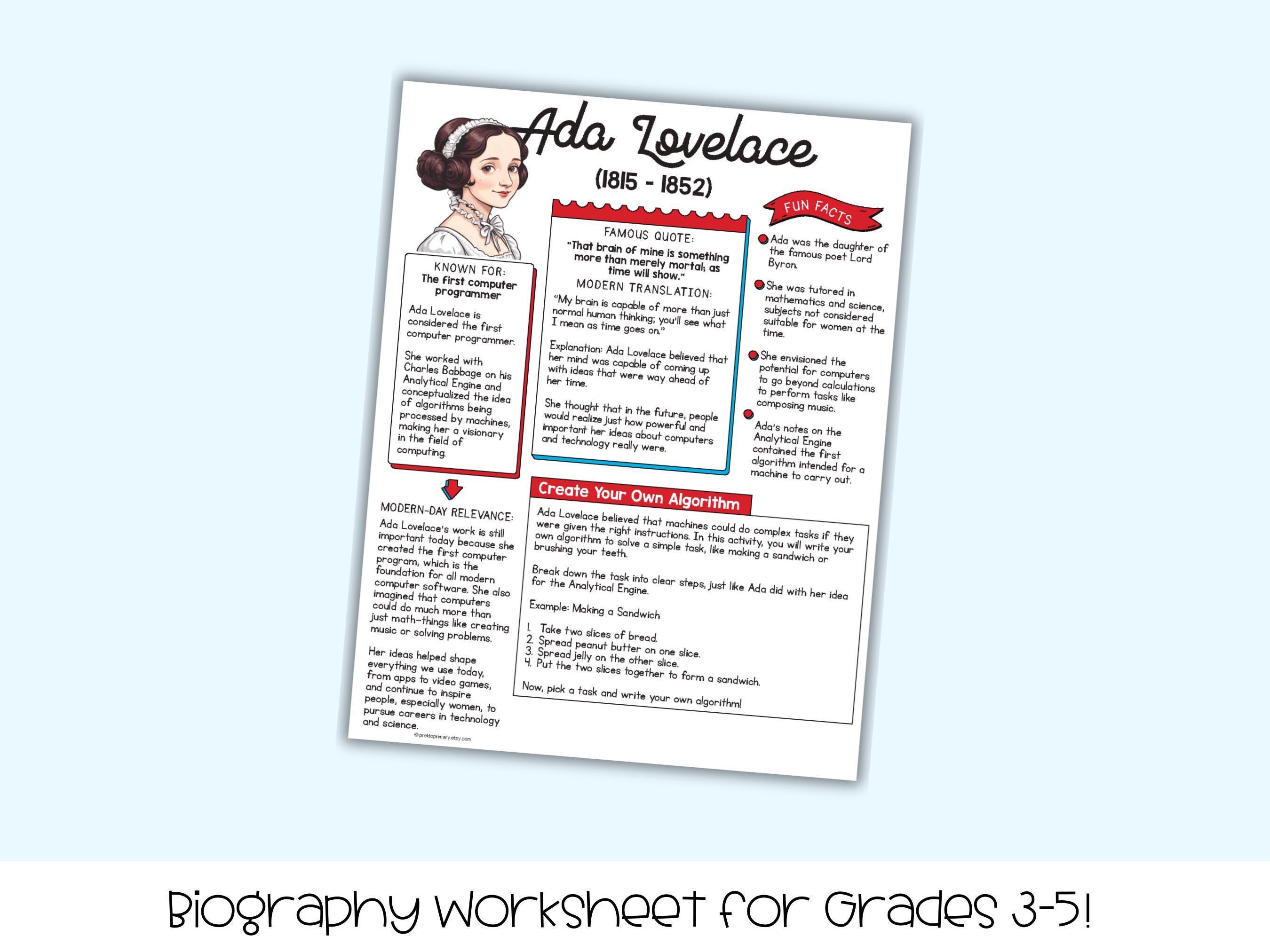 Ada Lovelace Biography Worksheet | Women in STEM Printable | Computer ...