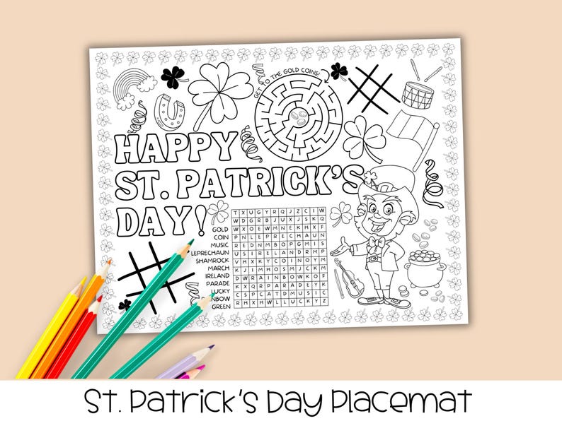 St Patricks Day Kids Activity Placemat Printable, I Spy Game, Word ...