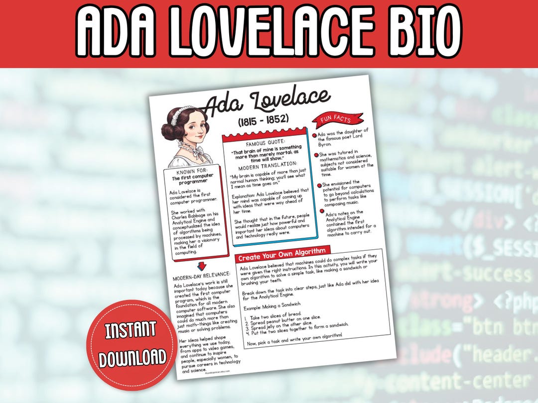 Ada Lovelace Biography Worksheet | Women in STEM Printable | Computer ...
