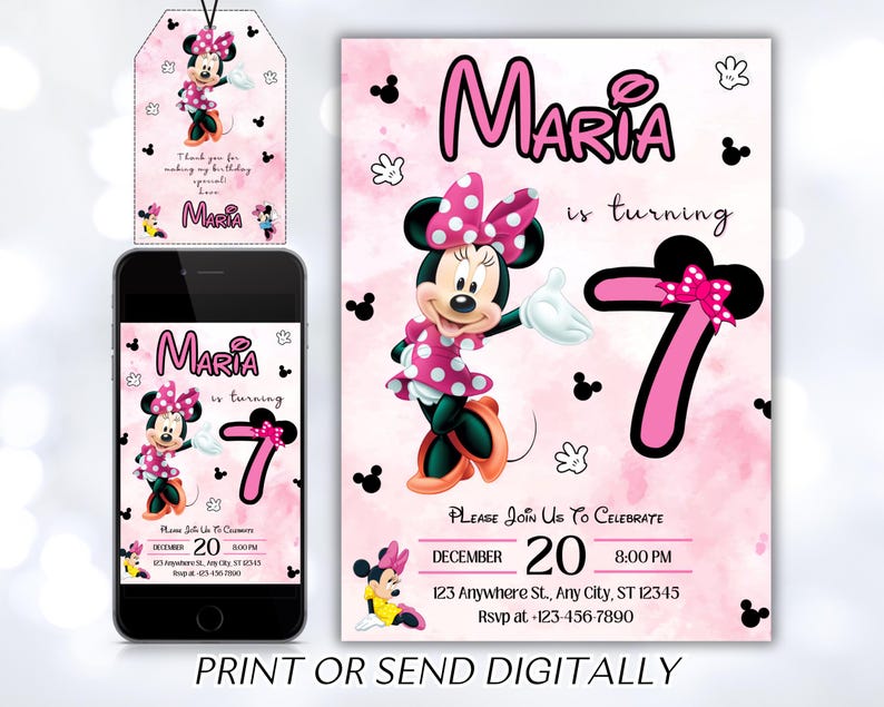 Editable Pink Minnie Mouse Birthday Invitation, Watercolor Girls ...