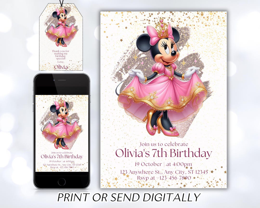 Editable Pink Minnie Mouse Birthday Invitation, Watercolor Girls ...