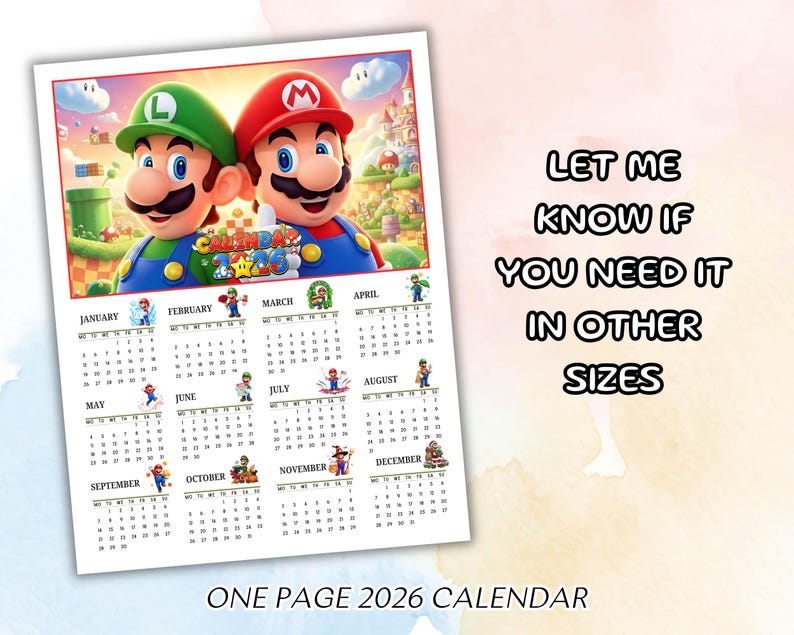 Mario Calendar 2026, Printable Calendar 2026, Calendar, Desk Calendar ...