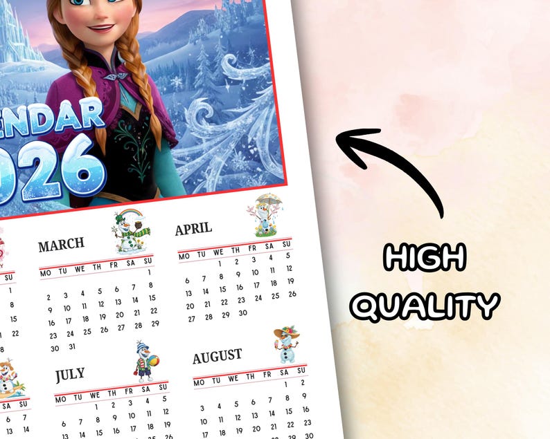 Calendrier de la Reine des neiges 2026, calendrier imprimable 2026 ...
