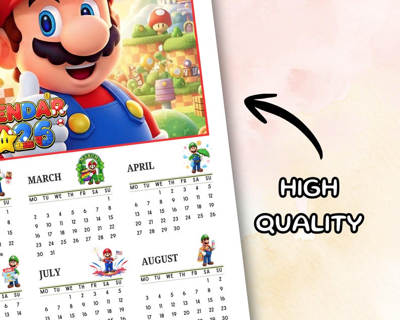 Mario Calendar 2026, Printable Calendar 2026, Calendar, Desk Calendar ...