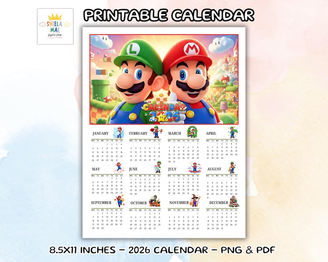 Mario Calendar 2026, Printable Calendar 2026, Calendar, Desk Calendar ...