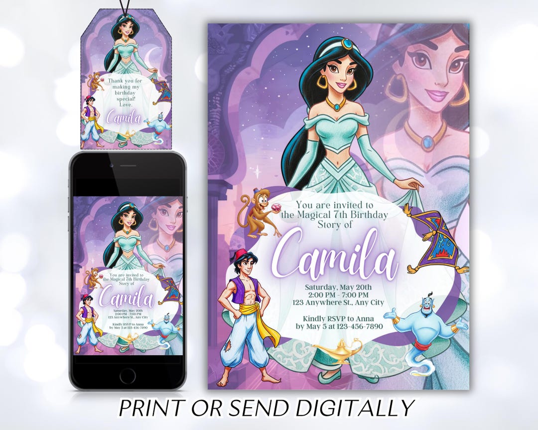 Digital Princess Jasmine Birthday Invitation-princess Party Invite-kids ...