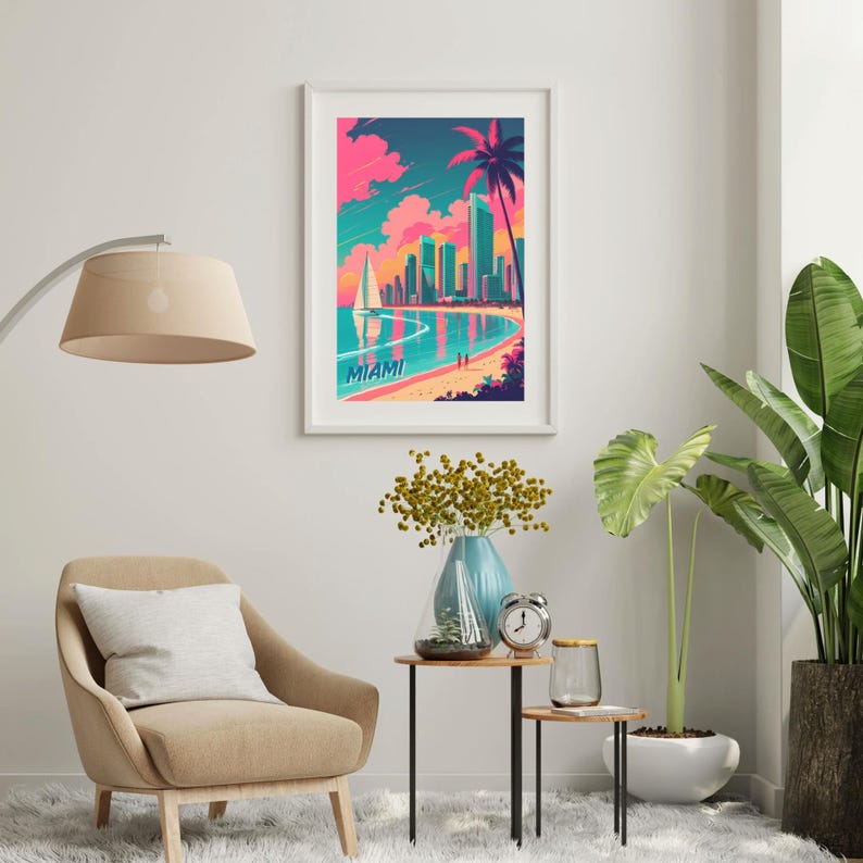 Retro Miami Travel Poster – 80s Neon Sunset Art, Vaporwave Aesthetic ...