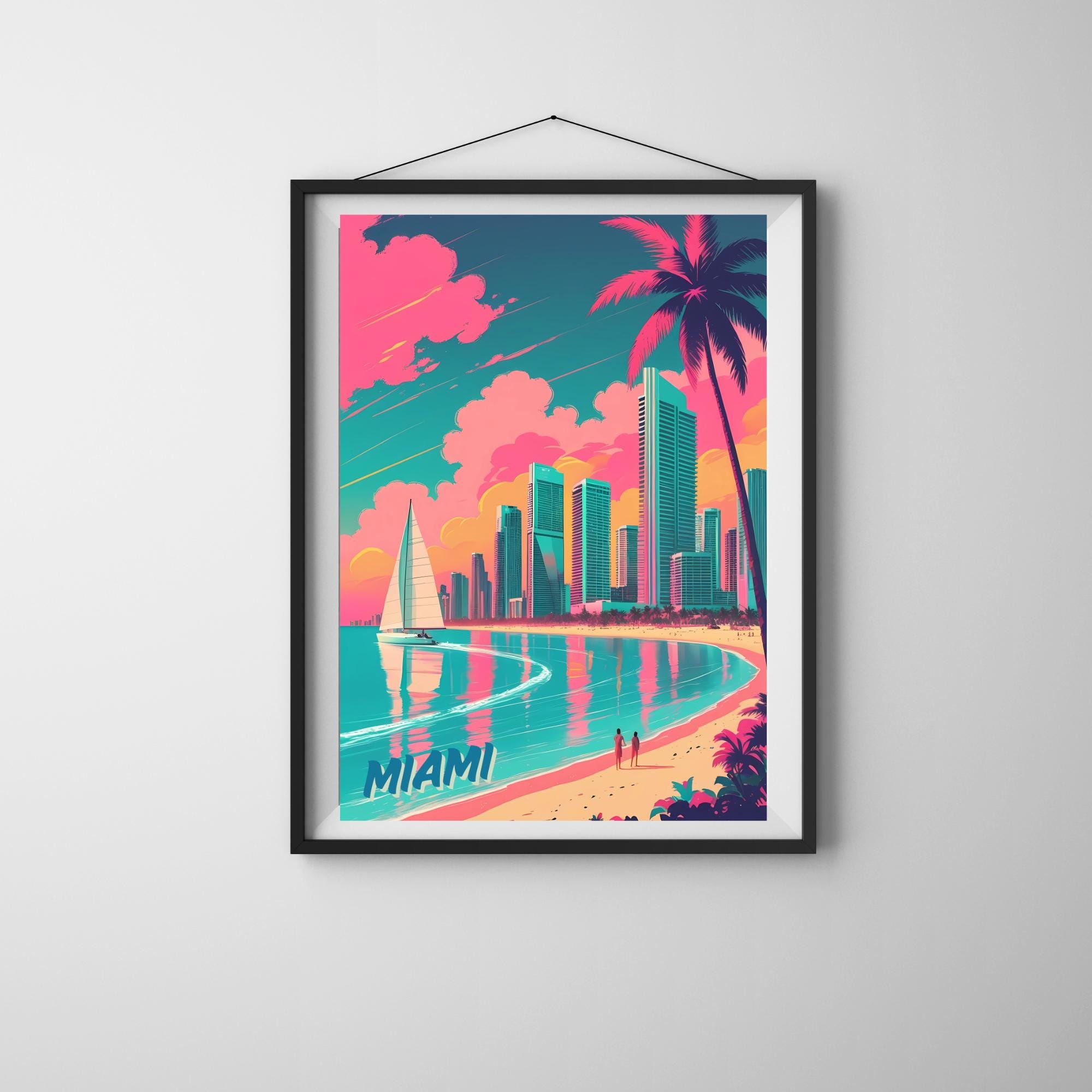 Retro Miami Travel Poster – 80s Neon Sunset Art, Vaporwave Aesthetic ...