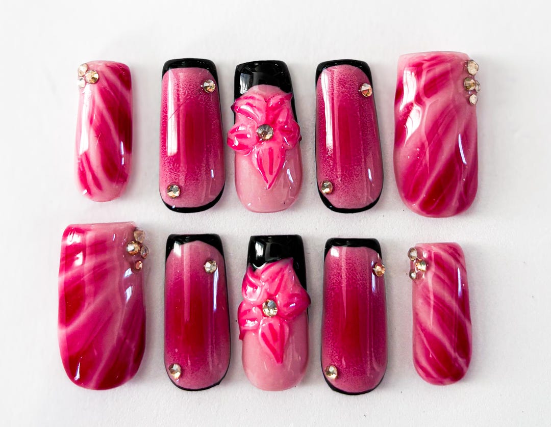 Medium Square Black French Tip – BIAB and HARD GEL- Handmade Red Marble ...