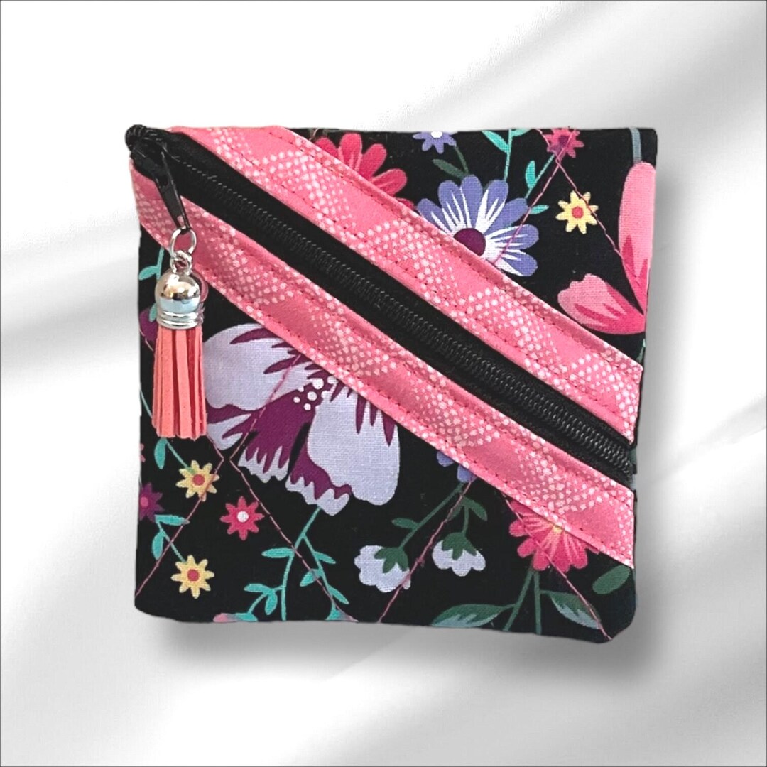 Small Quilted Floral Zipper Pouch: Diagonal Design With Tassel - Etsy