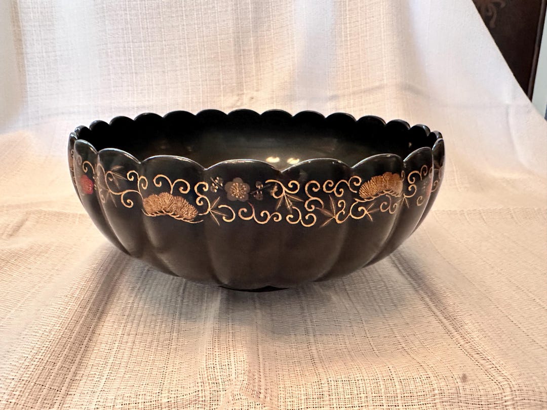 Japanese Makie Lacquerware Bowl Black Gold Flowers W 8.5" H " - Etsy
