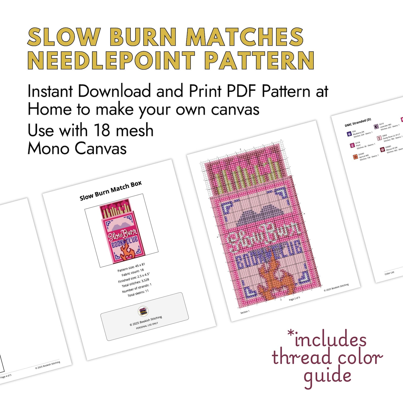 Slow Burn Matchbox Needlepoint Pattern: Bookish Embroidery (digital ...