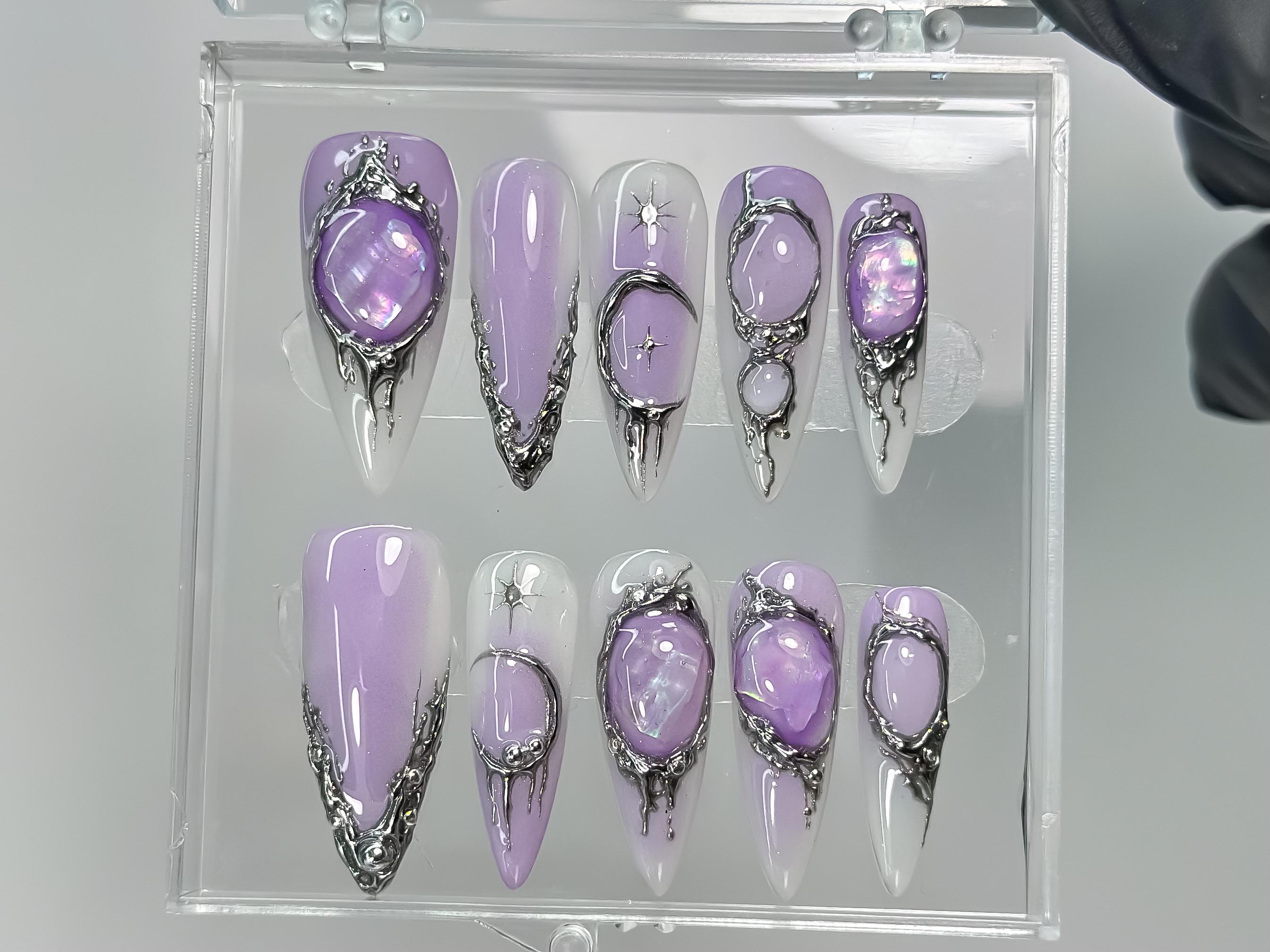 Gothic Purple Press on Nails, Dark Glam Fake Nails, Silver and Purple ...
