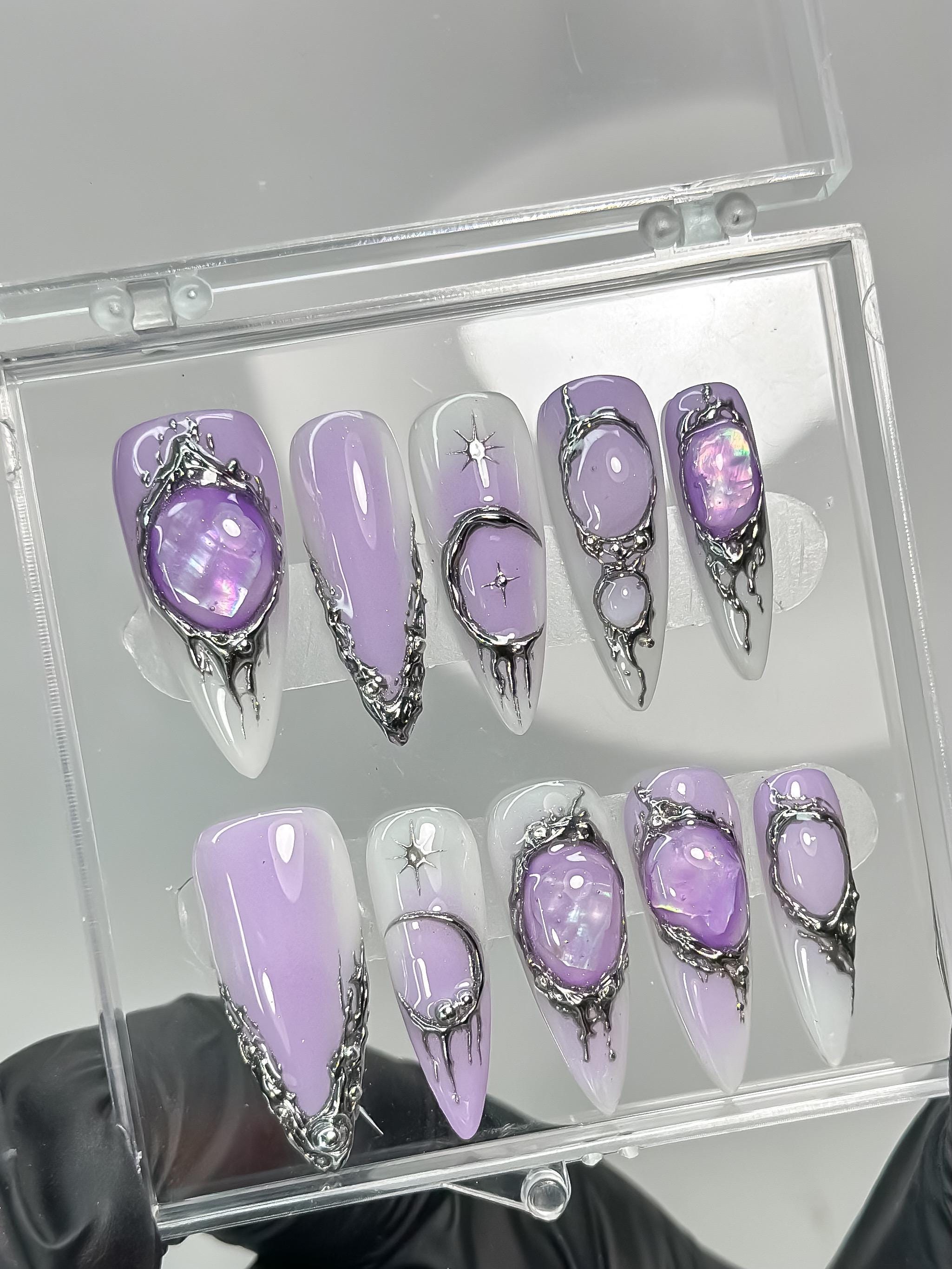 Gothic Purple Press on Nails, Dark Glam Fake Nails, Silver and Purple ...