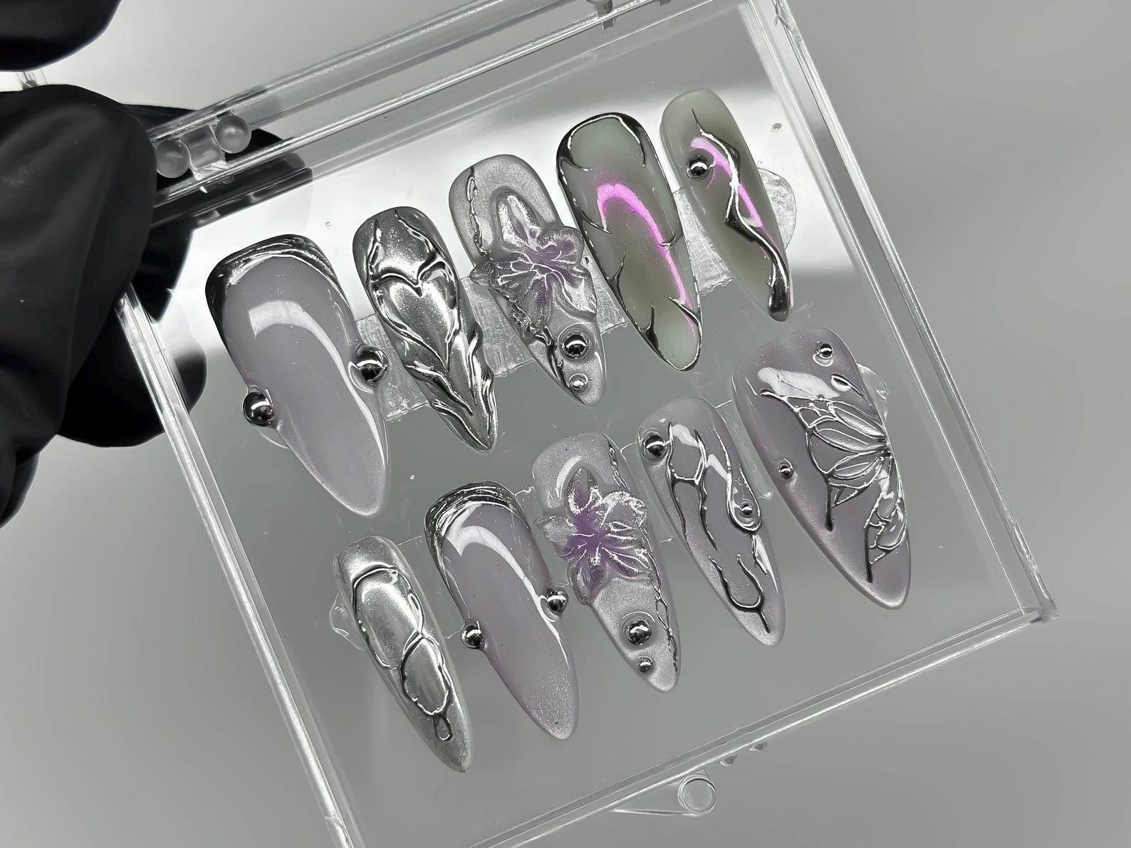 Skullpanda Nails | Cat Eye Purple | 3D Floral & Chrome Design | Press ...