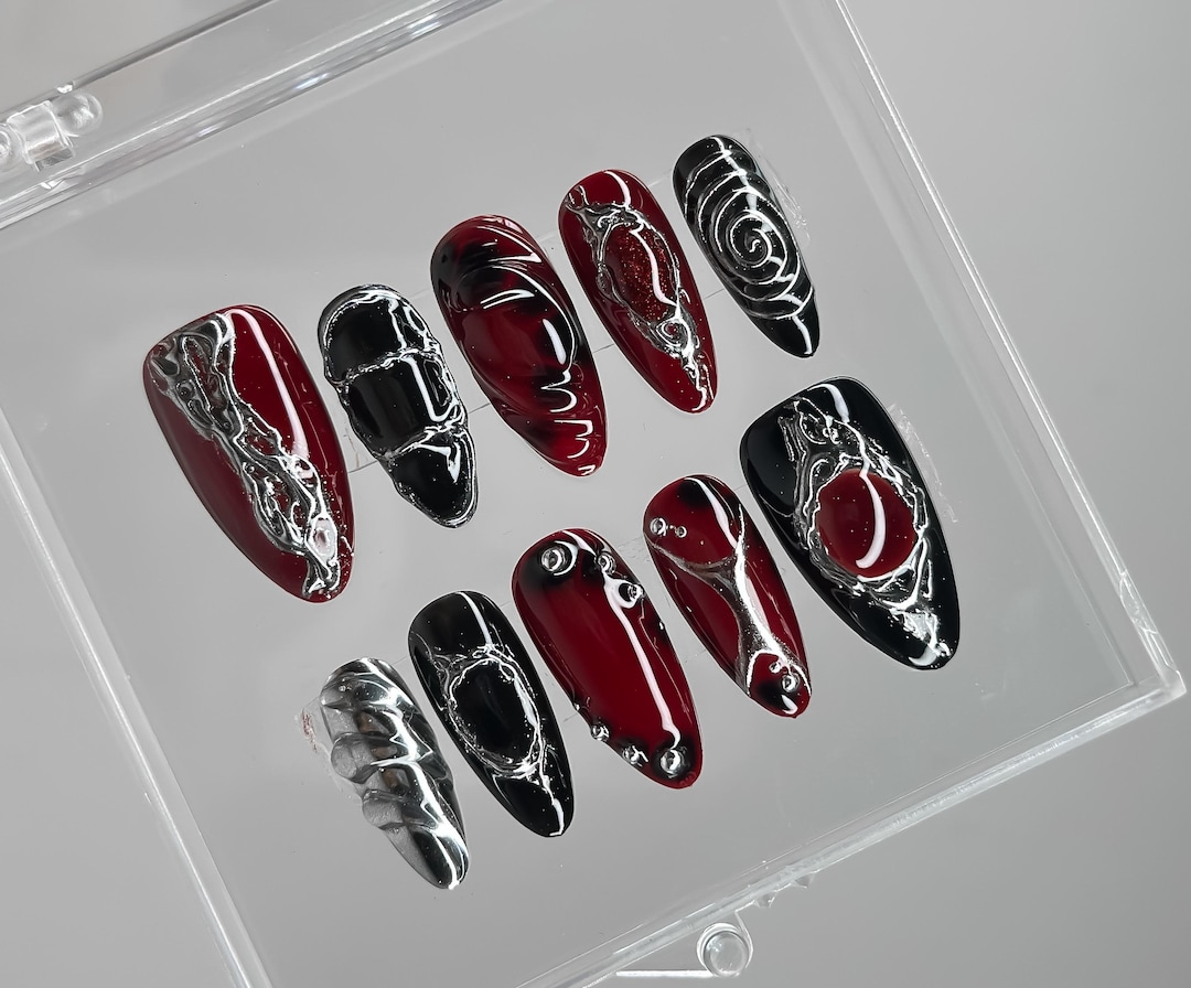 Gothic Black Red Chrome Press on Nails, Metallic 3D Gel False Nails ...